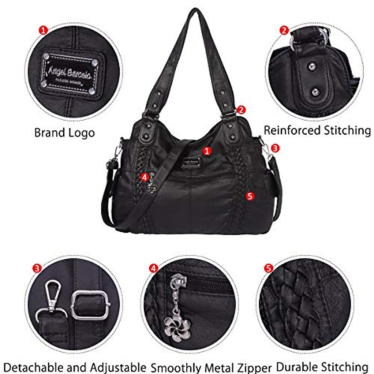 Angel Barcelo Roomy Fashion Hobo Womens Handbags Ladies Purse Satchel Shoulder Bags Tote Washed Leather Bag Black