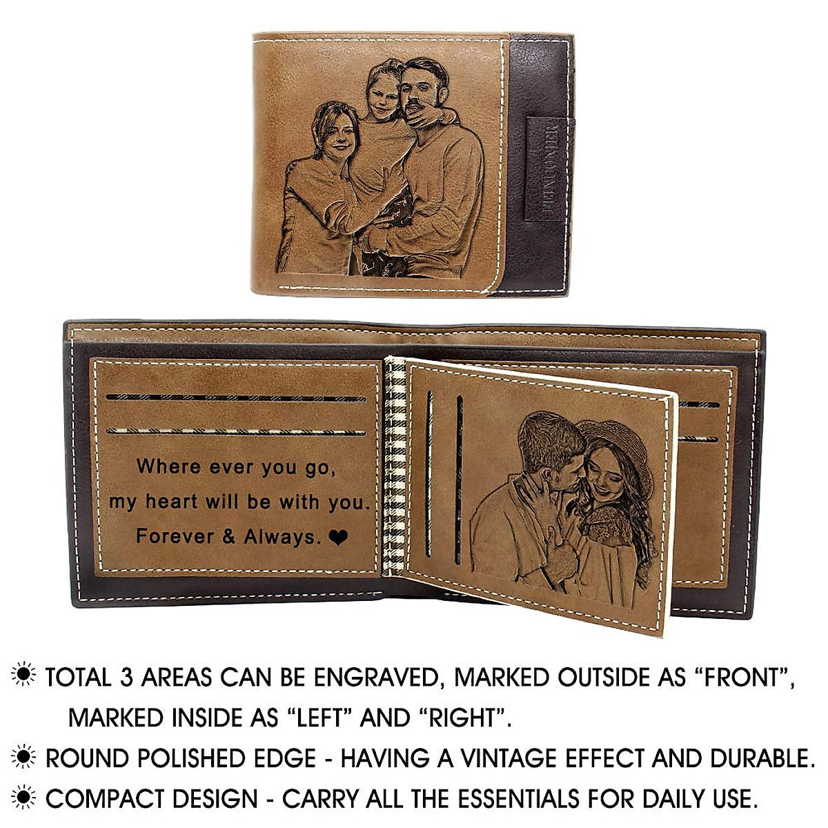Amlion Personalized Custom Wallets, Engraved Leather Photo Wallet for Men Dad Husband Brown