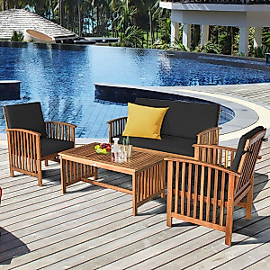 Tangkula Outdoor 4 PCS Acacia Wood Sofa Set w/Water Resistant Cushions, Padded Patio Seating Chat Set w/Coffee Table for Garden, Backyard, Poolside (1, Black)