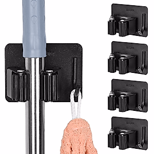 4Pcs Broom and Mop Holder, Stainless Steel Broom Storage Holder, Self Adhesive Anti-Slip Command Broom Holder Wall Mount, Mop Gripper with Hook for Kitchen Bathroom Closet Garden Garage Black
