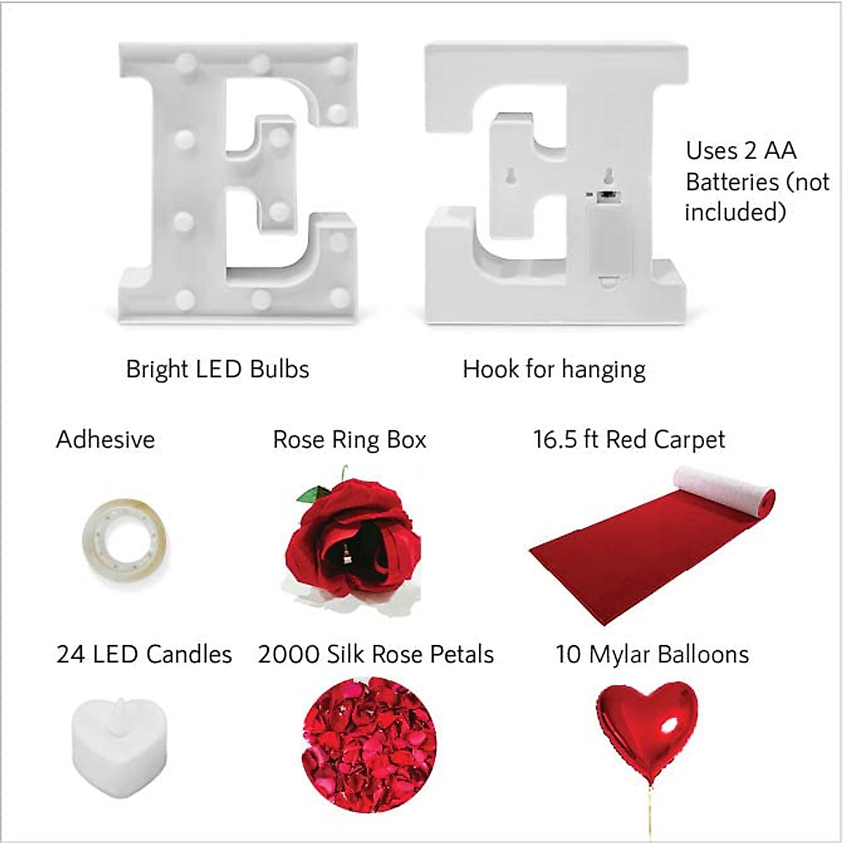 Proposal Decorations Kit, Marry Me Light Up Letters, 2000 Rose Petals, 24 Heart Shaped Romantic Candles, Red Carpet Aisle Runner 16 Feet, 10 Red Heart Balloons, 1 Engagement Rose Ring Box