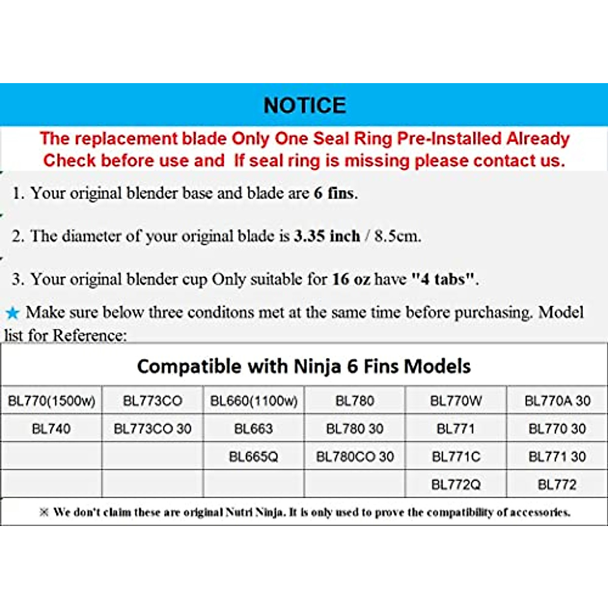 Blender Replacement Parts – 6 Fins Replacement Blade for 16Oz Ninja Cup – Stainless Steel and Food-Grade Plastic – Easy Installation – Dishwasher Safe