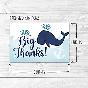 24 Blue Whale Baby Shower Thank You Cards With Envelopes, Kids Thank-You Note, 4x6 Gratitude Card Gift For Guest Pack For Party, Birthday, Boy or Girl Children, Cute Beach Nautical Event Stationery