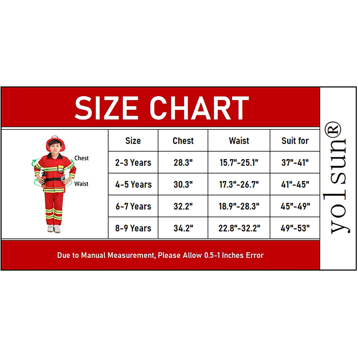 yolsun Fireman Costume for Kids, Boys' and Girls' Firefighter Dress up, Fire Fighter with Toy Accessories Set Halloween Role Play(Red,4-5 Years)