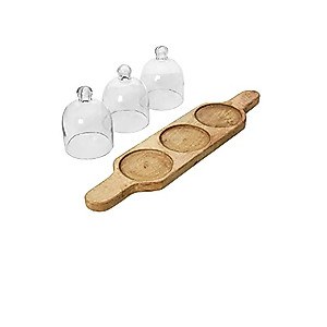 Creative Co-Op Mango Wood Serving Tray with 3 Glass Cloches and Handles, Set of 4 Serveware, 21"L x 5"W x 6"H, Natural