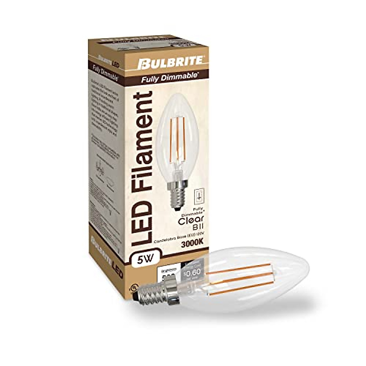 Bulbrite Pack of (4) 5 Watt Dimmable Clear Filament B11 Candelabra (E12) LED Bulb - 500 Lumens, 3000K, and 80 CRI