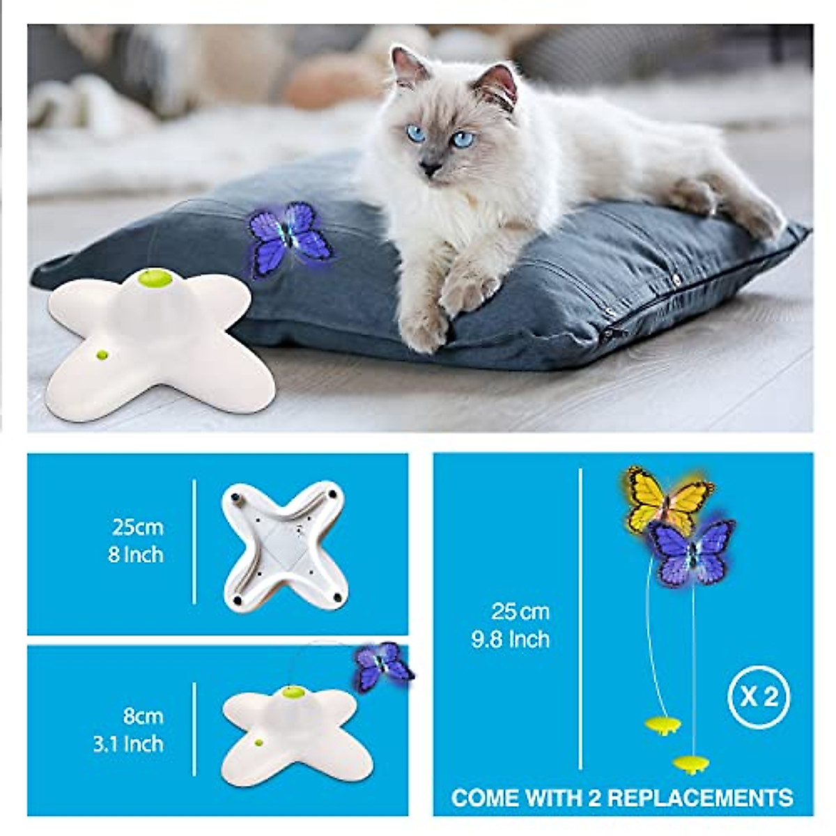 ALL FOR PAWS Interactive Cat Toy, Butter-Fly Cat Toys Interactive for Indoor Cats,Flutter Bug Cat Toys,Flutter Rotating Kitten Toys with 2 Replacements