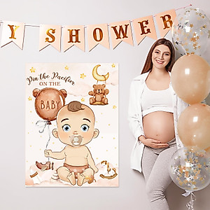 Faccito Pin The Pacifier Baby Shower Games Bear Baby Shower Decoration Include Brown Poster 24 Pacifier Stickers Blindfold Pin The Pacifier on Baby Game for Bear Baby Shower Birthday Party Supplies