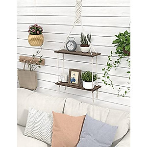 Sonefreiy Rustic Hanging Shelves 2 Tier White Rope Brown Wood Floating Shelf Window Plant Shelves for Bathroom Bedroom Living Room