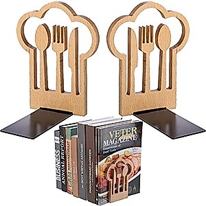 Decorative Kitchen Bookends, Wooden Cookbook Bookends Kitchen Counter Decor Fork Knife Spoon Wood Book Shelf for Office Home Files Magazine Kitchen Book Holders