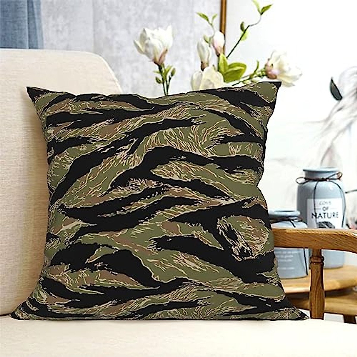 WURTON Tiger Stripe Camo Print Throw Pillow Covers, Soft Square Cushion Case,for Sofa, Couch,Bed Chair-18 X 18 Inch