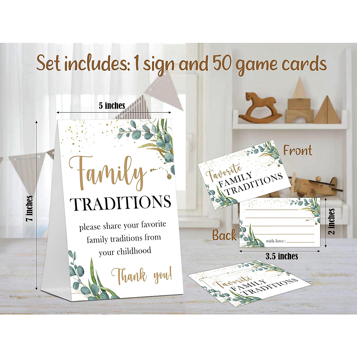Baby Shower Games Family Traditions Sign, 1 Standing Sign and 50 Cards, Woodland Greenery Gender Neutral Decoration, Gender Reveal Party, Bridal Shower Favor Supplies-LT38