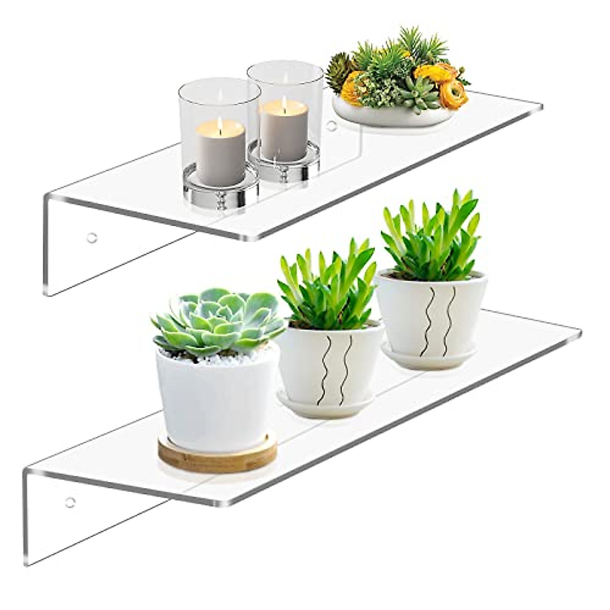 display4top Clear Acrylic Shelf, Floating Wall Mounted Bookshelf for Collections Plant Kids Book in Office Bedroom Living Room, Set of 2(12"& 16")