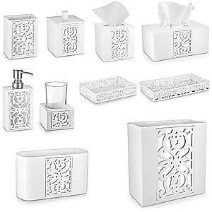 Creative Scents White Bathroom Accessories Set Complete - 6 Piece Bathroom Set Includes: Soap Dispenser, Toothbrush Holder, Tumbler Cup, Soap Dish, Tissue Cover, and Wastebasket Mirror Janette Style