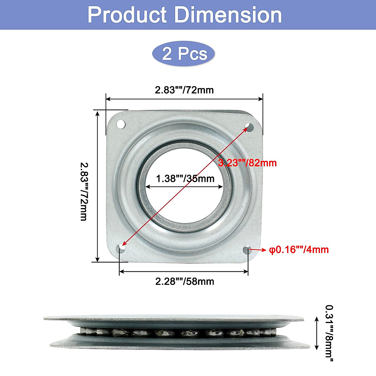 Suiwotin 2pcs 3" Square Lazy Susan Turntable Heavy Duty Lazy Susan Hardware, Steel Ball Bearing Rotating Tray Swivel Plate for Dining Table, Stool Chair, Pantry, Organizer (Silver)