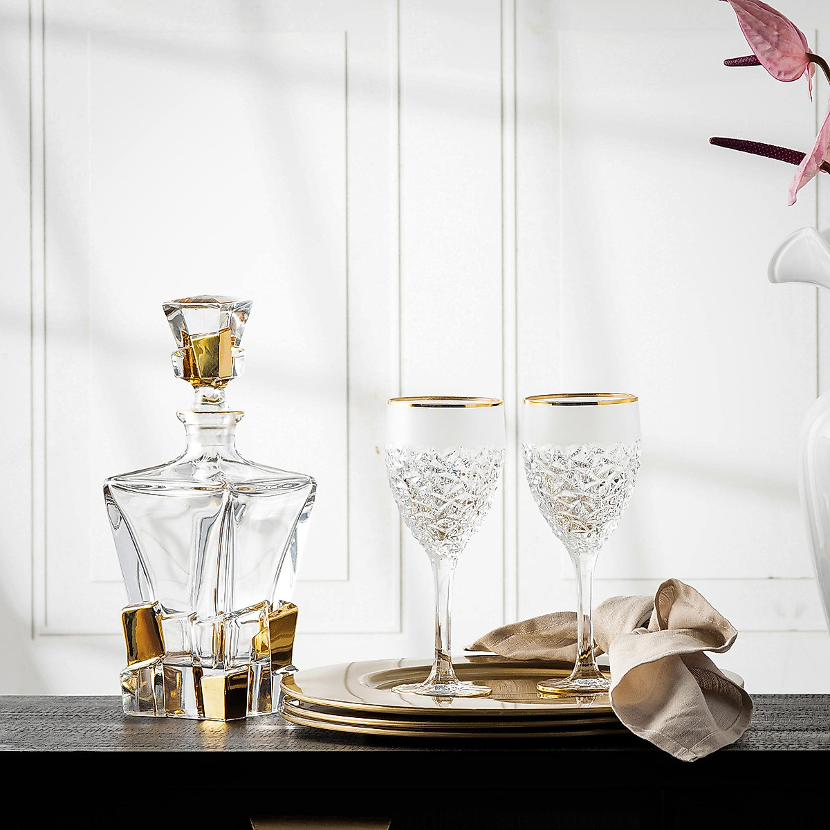 Barski Goblet - Wine Glass - Water Glass - Crystal - Set of 6 Stemmed Glasses - Glass is designed With with Frosted Border and Gold Rim - 11 oz Made in Europe -