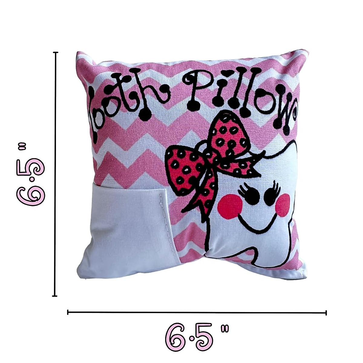 Bunnies and Bows Tooth Fairy Pillow with Tooth Fairy Dust and Poem - Tooth with Bow on Chevron Print (Pink)