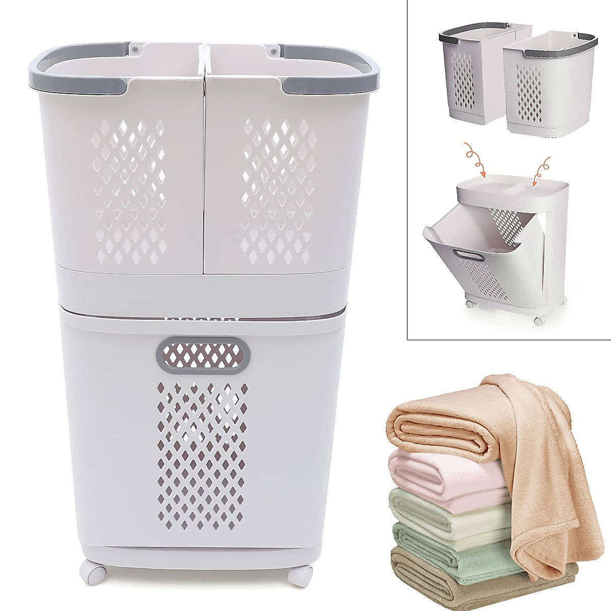 3 Tier Laundry Basket Organizer with Wheels 3 Layers for Clothes Storage for Bathroom Living Room Bedroom Clothes Hamper Freestanding