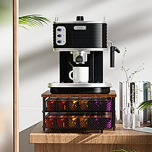 Coffee Pod Drawer K Cup Organizer 2-Tier Coffee Pod Storage Holder with Drawer Baskets 72 Capacity Coffee Capsule Storage Organizer Drawer, Industrial Brown and Black