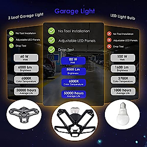 Garage Light Bulb Deformable LED Garage Lights 100W 10000LM 6500K Super Bright Garage Lighting Shop Light with 5 Adjustable Panels and Center Panel E26/E27 Ceiling Lights for Garage Basement - 2Pack