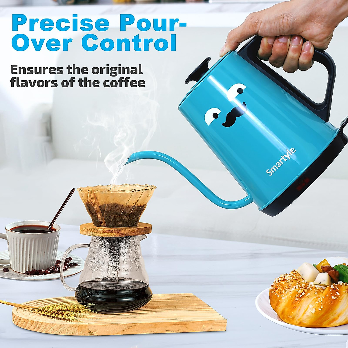 Smartyle Gooseneck Electric Kettle with Mustaches, 1000W Cartoon Electric Tea Kettle of 304 Stainless Steel, Cute Hot Water Kettle with Auto Shut Off, 1.0L Colorful Pour Over Coffee Kettle-Blue