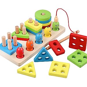 QYBZOKL Montessori Toys for 2 Year Old Boys Girls,Wooden Sorting & Stacking Toy, Magnetic Fishing Game for Toddlers,Preschool Educational Learning Toy for Kids Ages 3 4 5 6+, Birthday Gifts