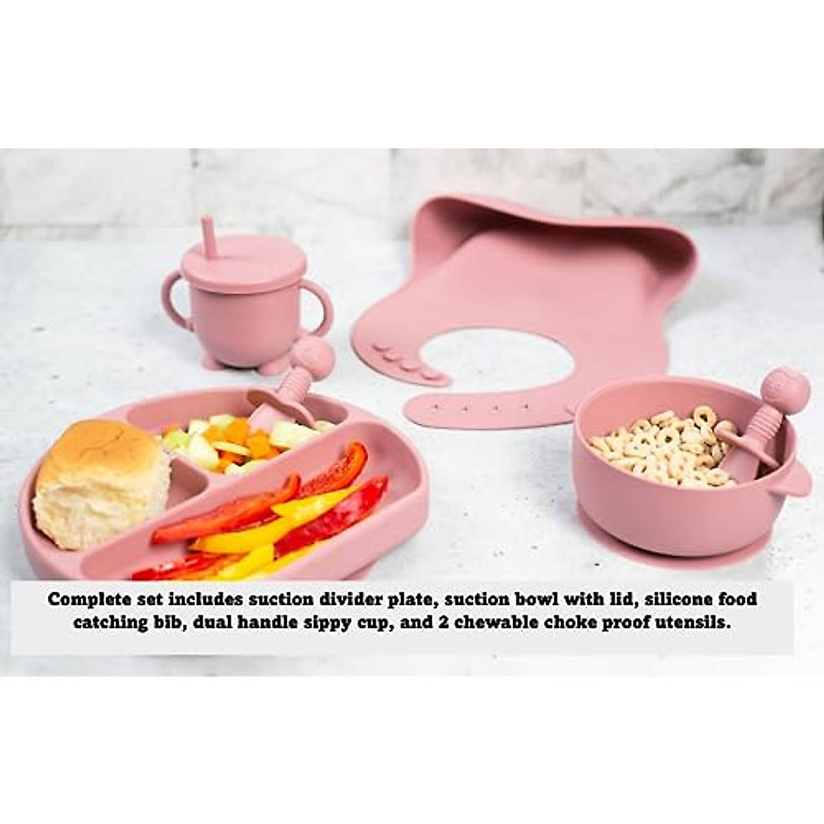 BabyBeesKnees Baby led weaning supplies-complete starter set-Silicone feeding set-suction bowl space saving suction plate self feeding spoons-easy to use solid food eating set 6+months (Dusty Rose)