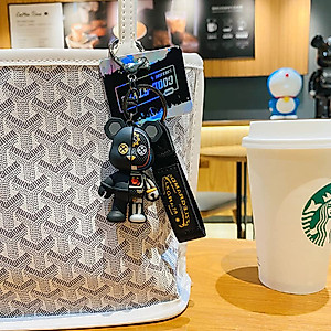 HSYHERE Fashionable Cool Half Mechanical Body Standing Bear Keychain, Stylish soft silicon Bear Key Ring Collection Bag Pendant New Year Christmas Valentine Gift Car Key Metal Keyring -Black