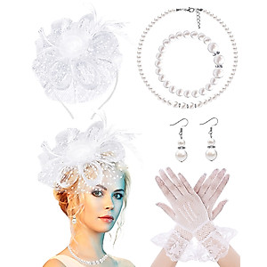 Bniksok 5 Pack White Fascinators Hat for Women Tea Party Veil Mesh Headband Feather Derby Hat Lace Gloves Pearl Jewelry Set for 1920s Party