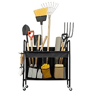 StorageWorks 110L Garden Tool Organizer, Multipurpose Garden Organizer for Yard Tool, Rolling Sports Equipment Organizer, Mop and Broom Rack, Garage Storage with Wheels, Black, 1 pack