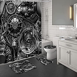 AtGoWac 4 Pieces Engine Shower Curtain Sets with Rugs, Black and White Man Cave Shower Curtain Set of 4 Piece, Men's Bathroom Decor