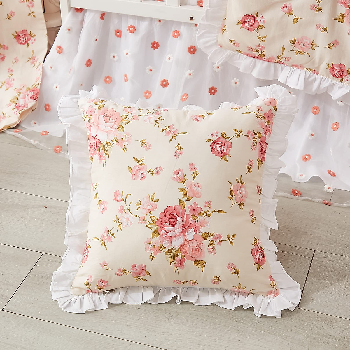 Brandream Crib Bedding Sets for Girls Baby Nursery Bedding Set Crib Comforter Set 100% Cotton - 6Pcs, Beige Farmhouse Country Flower Botanical Blossom Style Lace Crib Bed Skirt Set