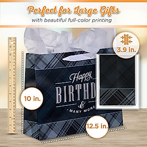 Christian Art Gifts Landscape Gift Bag with Card and Tissue Paper Set - Happy Birthday and Many More, Black and Navy Blue Plaid, Large