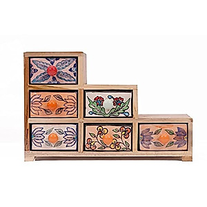 Tyagi-Export -Staircase 6 Drawer Wide Ceramic Organizer Storage Cabinet Chest of Drawers Unique Pottery Wooden Drawer Box Drawers 14 x 4.5 x 9 Inch