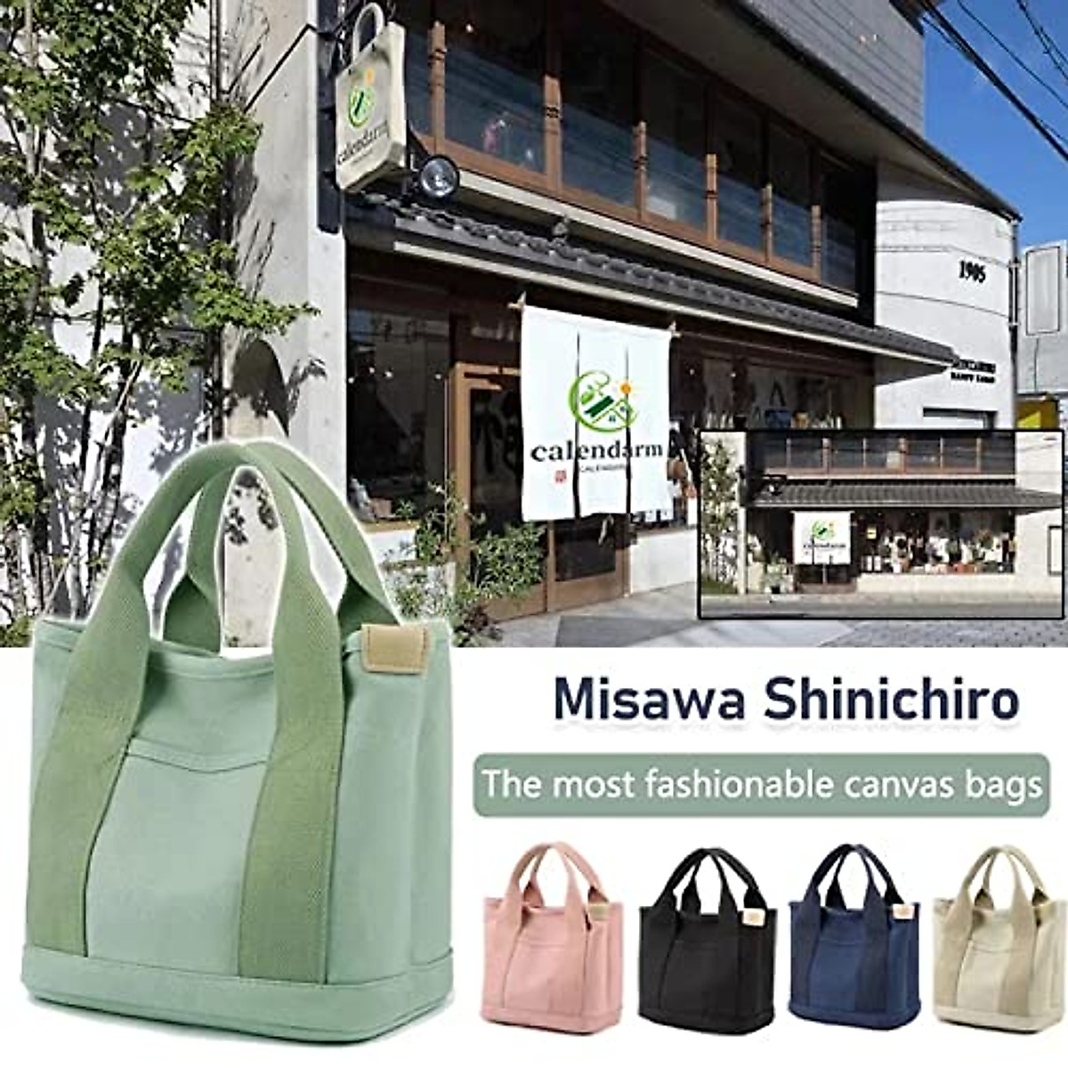 Misawa Shinichiro Bag, Calendarm Japanese Handmade Large Capacity Multi-Pocket Handbag, Canvas Tote Bags, Bento Pack (Khaki)