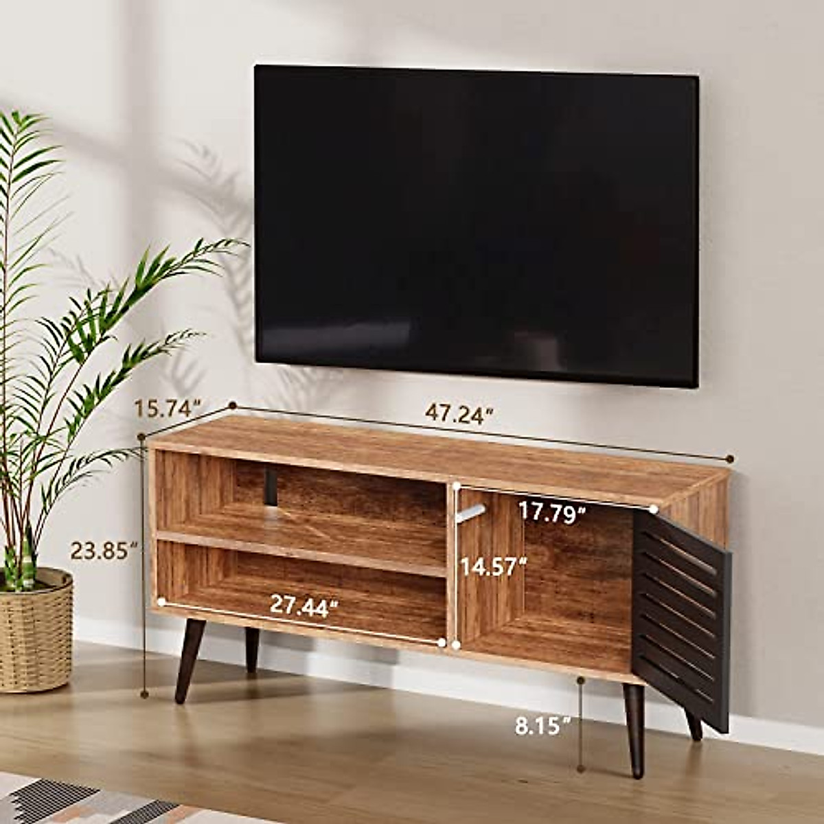 Retro TV Stand for TV up to 55 Inch, TV Console Table & Entertainment Center Mid Century Modern TV Stand with Adjustable Shelf for Living Room, Pop Up Door TV Cabinet Holds up to 110 lbs, FMRTS02B1