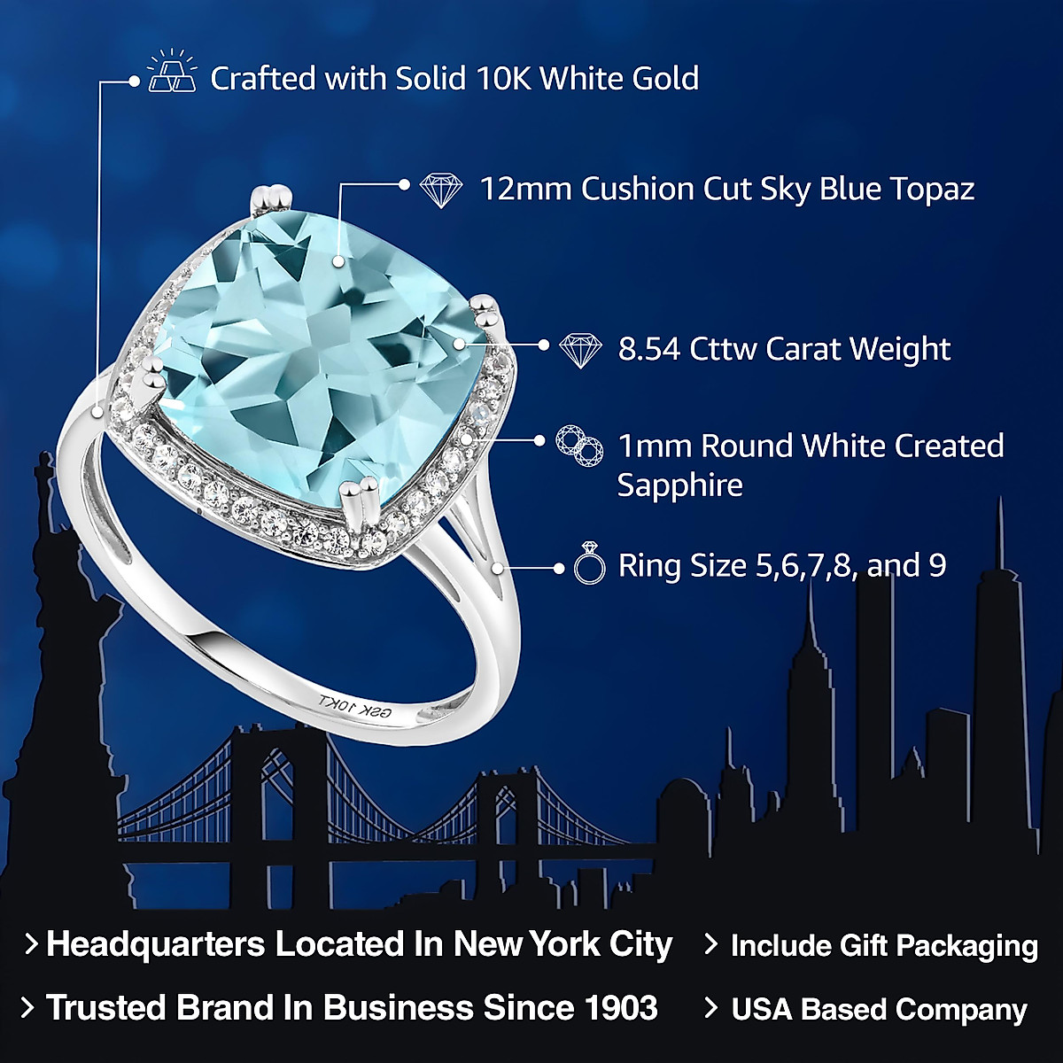 Gem Stone King 10K White Gold Sky Blue Topaz and White Created Sapphire Engagement Ring For Women | 8.54 Cttw | Cushion Cut 12MM | Gemstone Birthstone | Ring Size 5-9