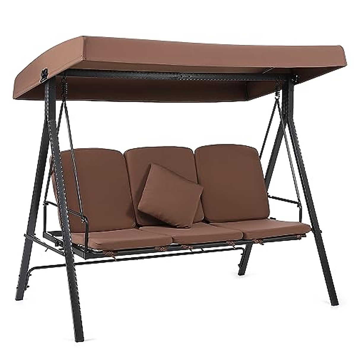 STMHOM 3-Seat Extended Outdoor Swing,Patio Swing Chair with Canopy,Swing Chairs for Outside,Porch Swings Bed Outdoor with Stand,Adjustable Shade, Removable Cushions,Backyard Swing,Garden Swing,Brown