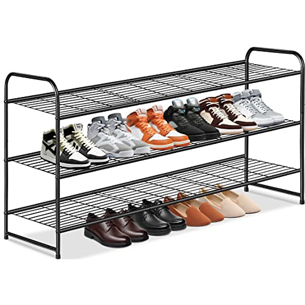 KEETDY 3-Tier Long Shoe Rack for Closet Metal Shoe Organizer for Entryway, Wide Stackable Shoe Storage Shelf with Sturdy Wire Grid for Closet Floor, Bedroom, Black