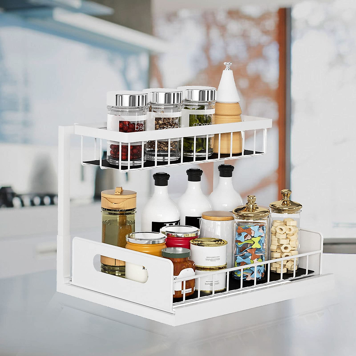 Under Sink Organizer Pull Out Cabinet Organizer 2 Tier Slide Out Sink Shelf Cabinet Storage Shelves Multi-purpose Under Sink Storage for Bathroom Kitchen Desktop (White)