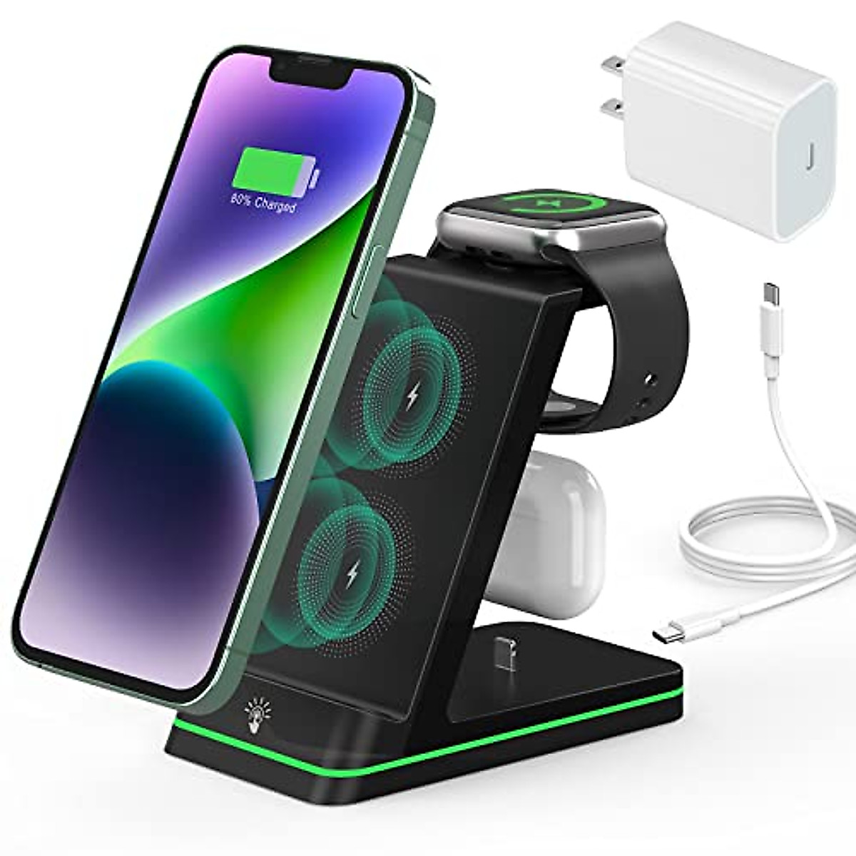 Charging Station for Apple Devices, 3 in 1 Wireless Charger Stand with 20W USB C Adapter Compatible with iPhone 14 13 12 11 Pro Max 8 XS XR, Fast Charging Stand Dock for Apple Watch Series & AirPods