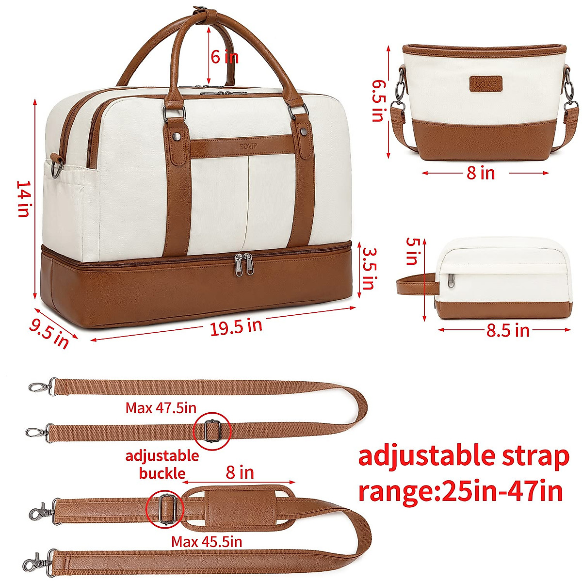 BOVIP Weekender Bag Overnight Bag Large Canvas Travel Bag Duffel Bag with Shoe Compartment Carry On Tote for Women 3-IN-1 Beige Set