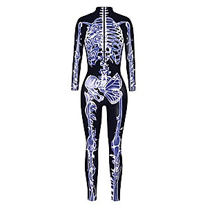 Selowin Womans Skull Pattern Halloween Costume Party Skeleton Slim Catsuit Bodysuit Light Purple S