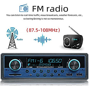 FYPLAY Dual USB Bluetooth Car Stereo, FM Radio Receiver, Hands-Free Calling, Built-in Microphone, USB/SD/AUX Port, Sky Blue Dual Knob Audio Car Multimedia MP3 Player, USB Fast Charging