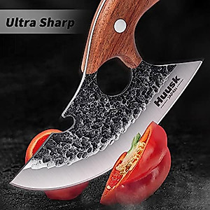 Huusk Japan Knife, Viking Boning Knife for Meat Cutting, Small Ulu knife, Caveman Ultimo Knife Hand Forged Full Tang Knife for Kitchen or Camping Thanksgiving Christmas Gifts Light Black Blade