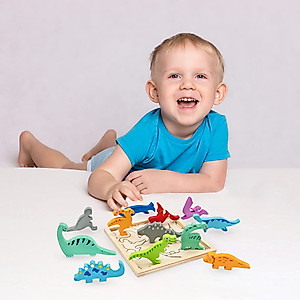 XJYQJD Dinosaur Sorting & Stacking Toys for Toddlers 1-3, Wooden Dinosaur Blocks Puzzles for Kids 2-4 Multi-Theme Animals Fruits Numbers Jigsaw Puzzles Montessori Educational Learning Toys (4 Pack)