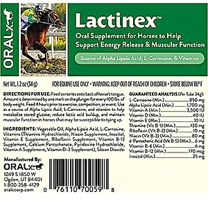 Oralx Lactinex Oral Supplement for Horses in Training or Competition. Boosts Glucose Metabolism, Reduces Lactic Acid Build-Up, Helps Prevent Tying Up. Easy-Dose Syringe. 1.2 Oz. Made in USA.
