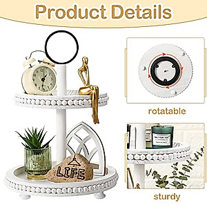 Wesiti 2 Tiered Spinning Lazy Susan Rustic Rotating Tray White Spice Rack Pallet with Wood Beaded Kitchen Table Decor Turntable for Cabinet Pantry Farmhouse Centerpiece Counter Decoration
