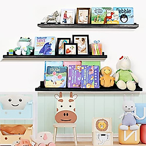 Annecy Floating Shelves Wall Mounted Set of 3, 36 Inch Black Rustic Wood Shelves for Wall, Wall Storage Shelves with Guardrail Design for Bedroom, Bathroom, Kitchen, Office, 3 Different Sizes