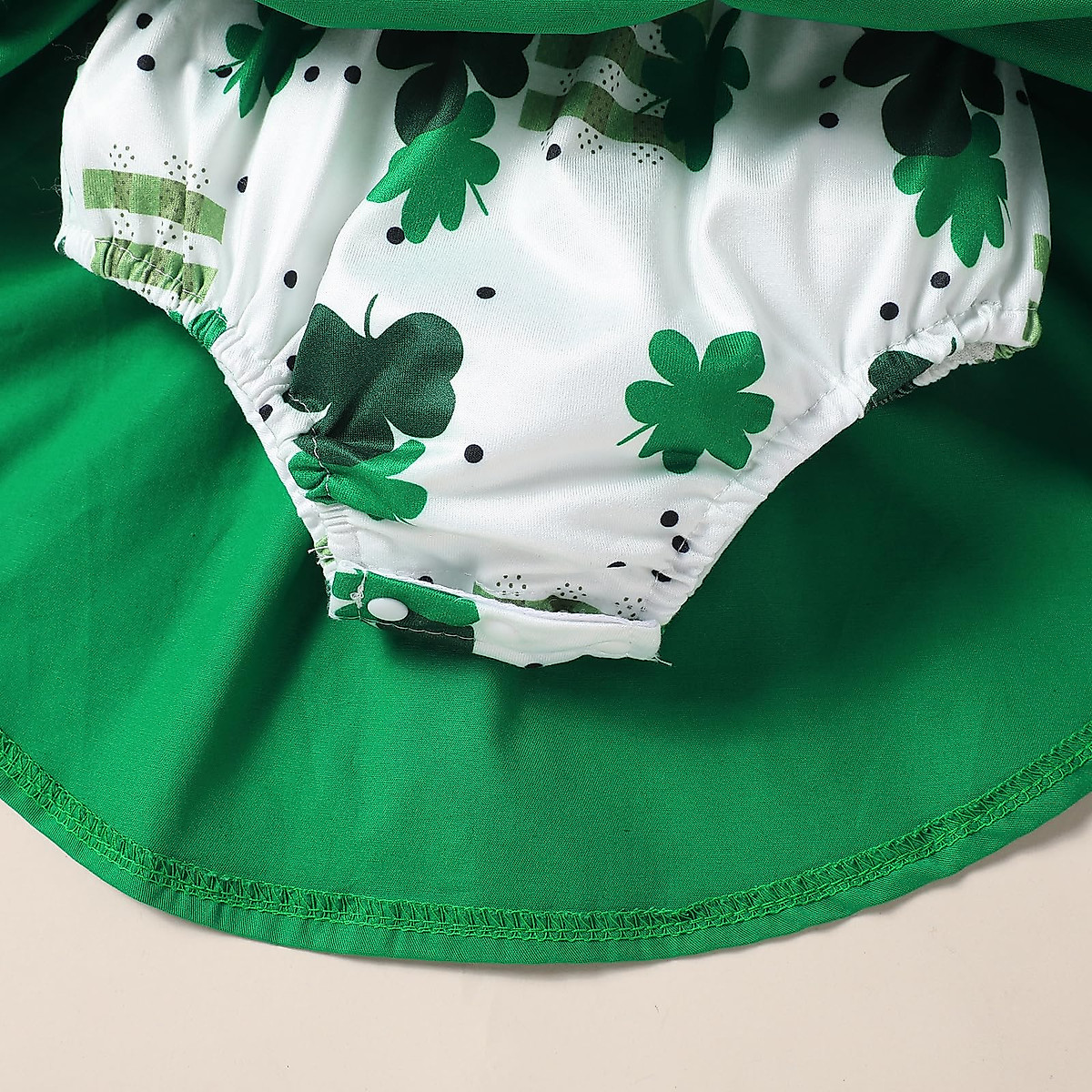 Noubeau Infant Baby Girl St. Patrick's Day Dress Ruffle Long Sleeve Romper Top Lucky Clover Print Skirt Outfits+Headband（Green- Dress,6-9 Months）